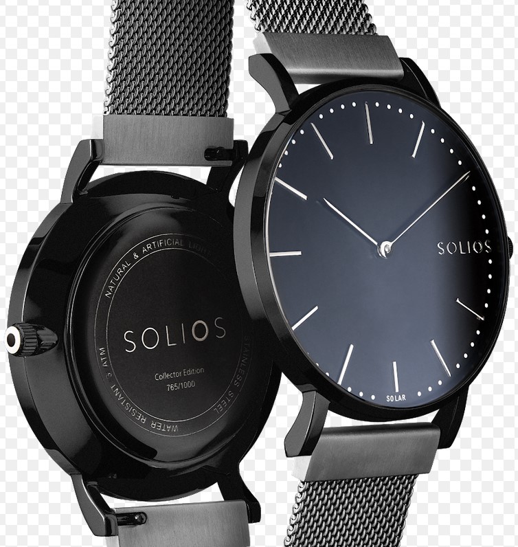 Solios Solar Black Silver Mesh Watch
